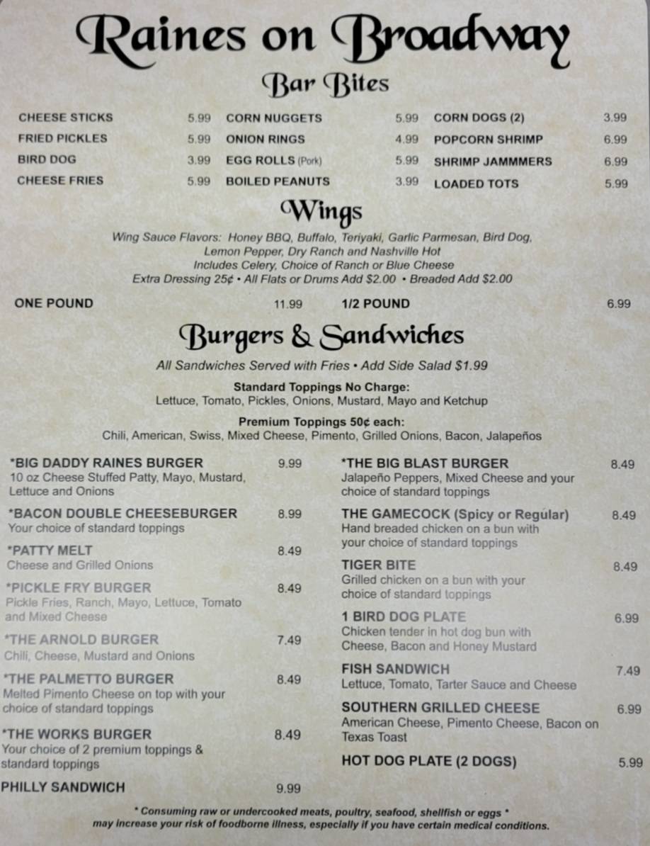 Menu at Raines on Broadway restaurant, Anderson, 410 Carpenter Rd