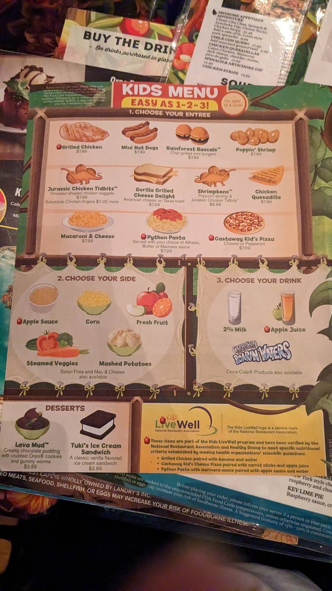 Menu at Rainforest Cafe, Ontario, Mills Cir