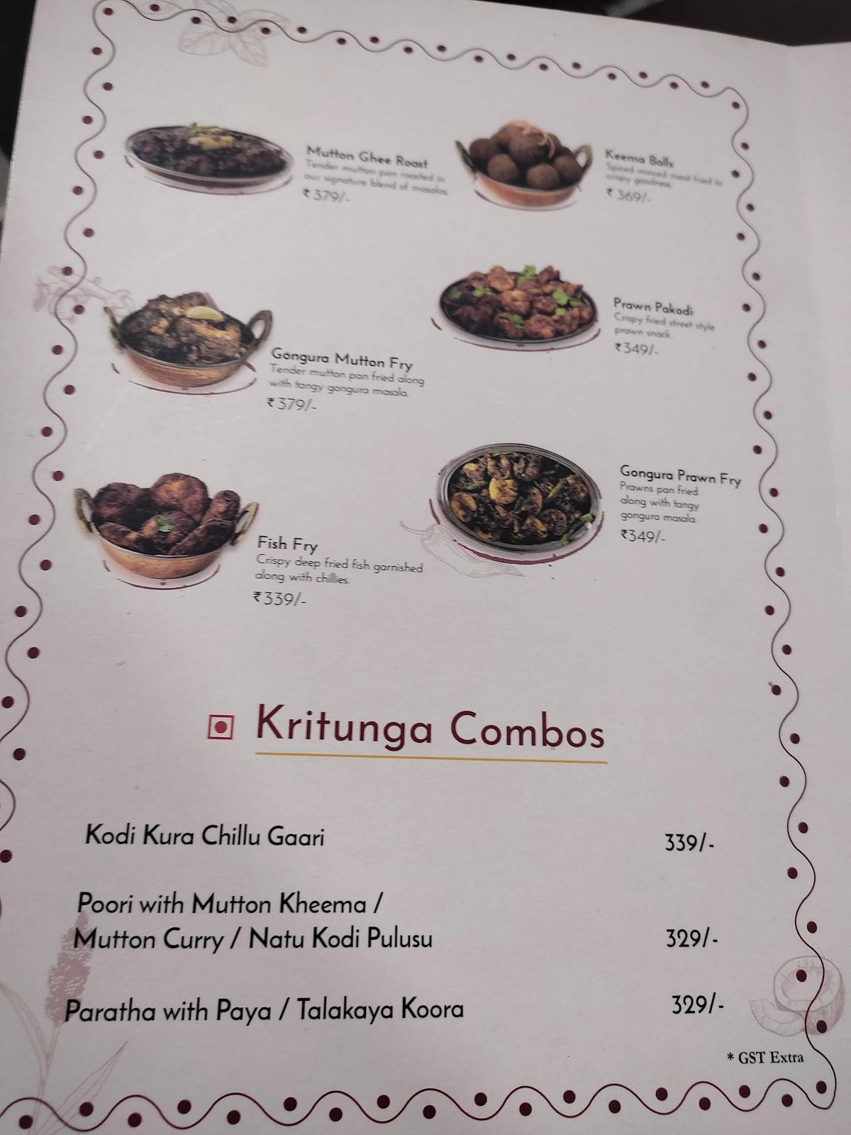 Menu at Kritunga The Palegar's Cusine, Rajahmundry