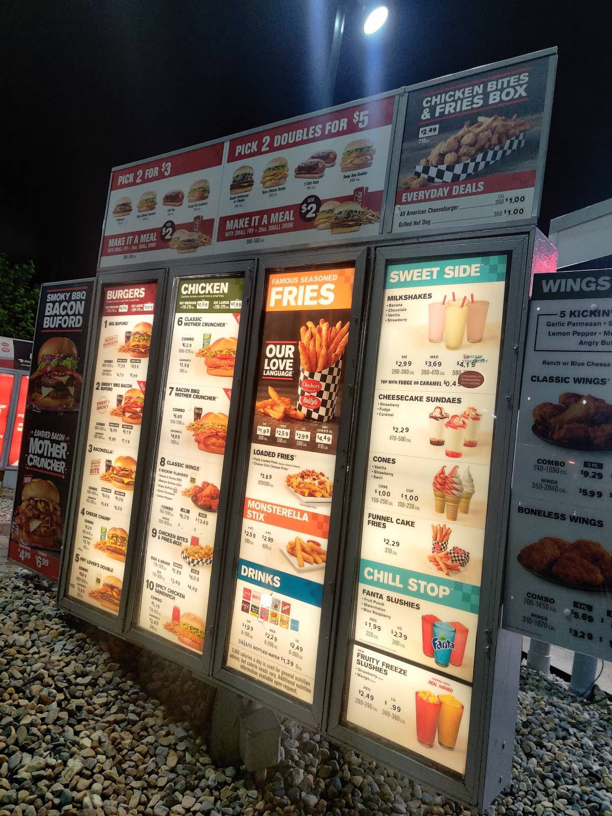 Menu at Rally's fast food, Indianapolis, N College Ave