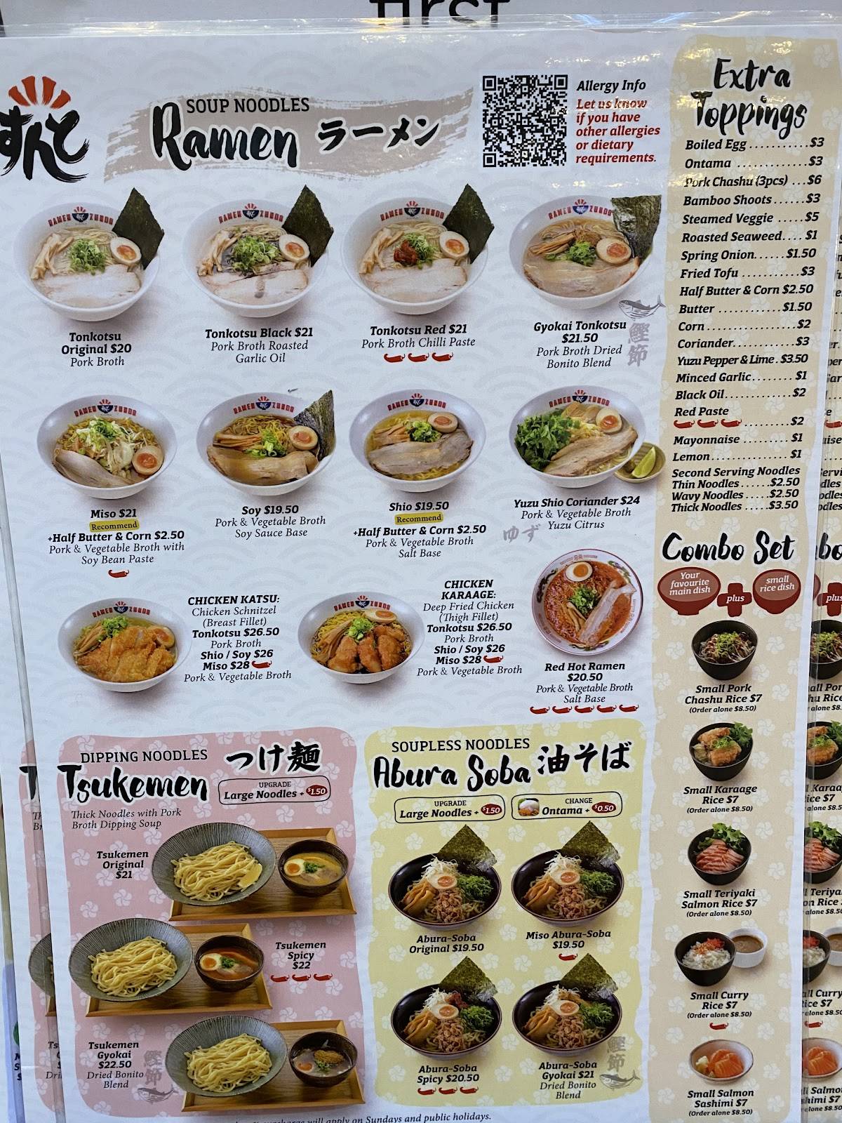 Menu at Ramen Zundo restaurant, Sydney
