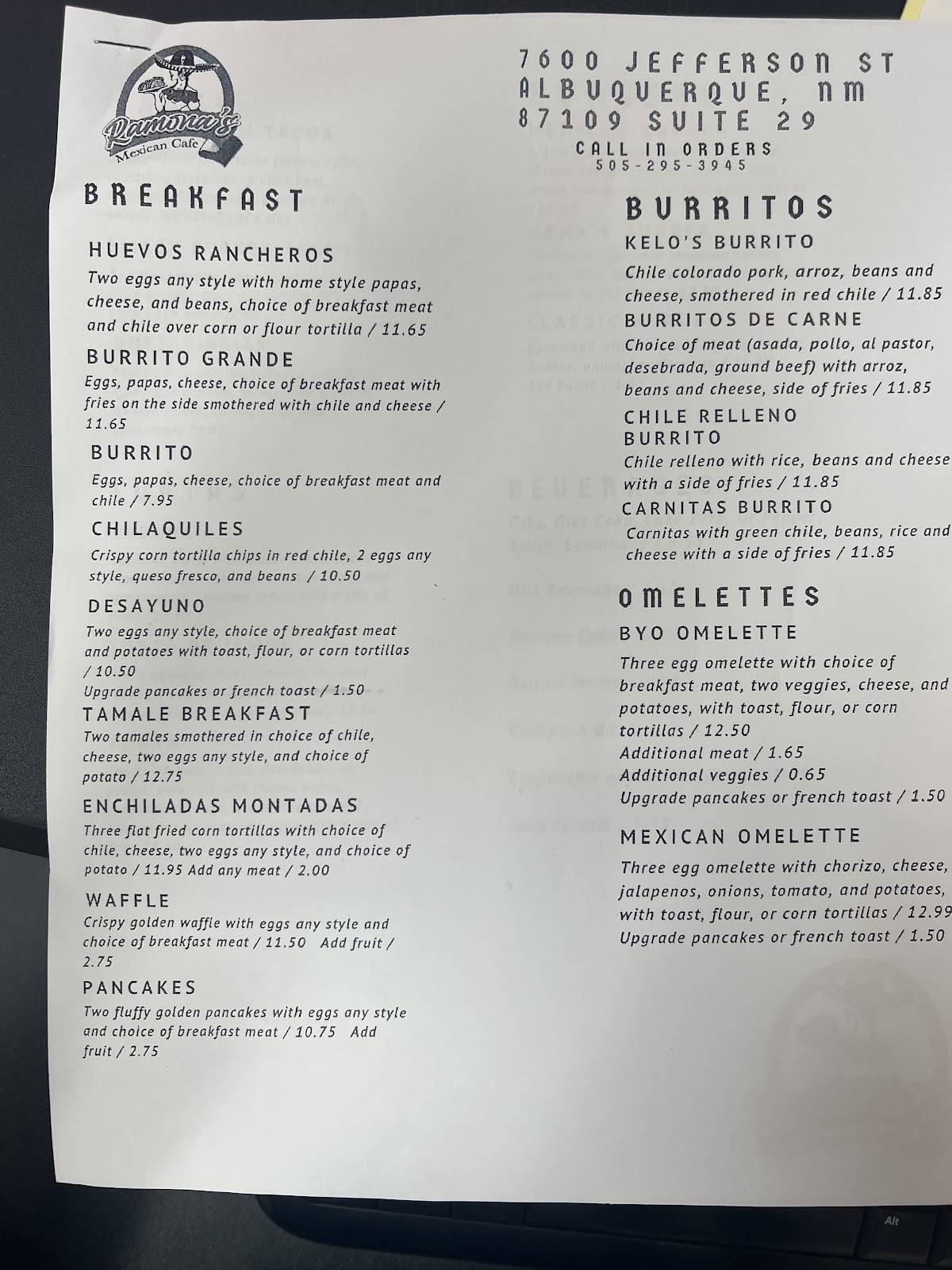 Menu at Ramona's Mexican Cafe, Albuquerque