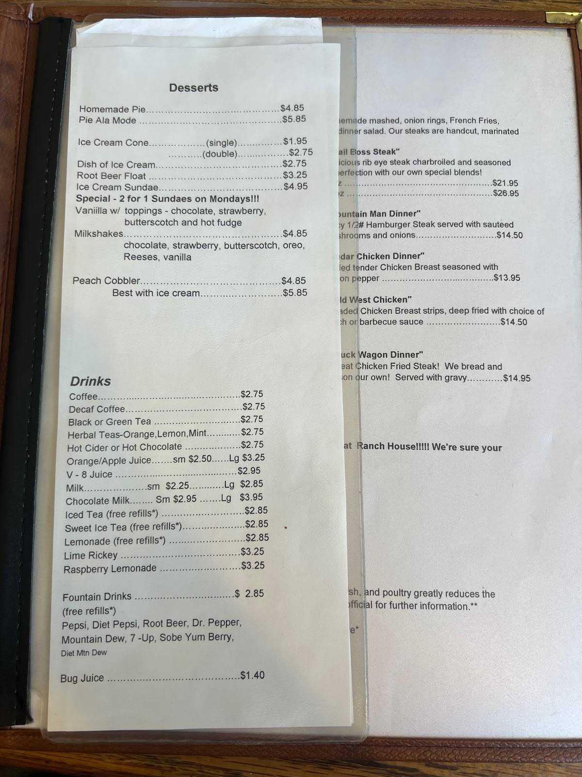 Menu at Ranch House Diner restaurant, Snowville