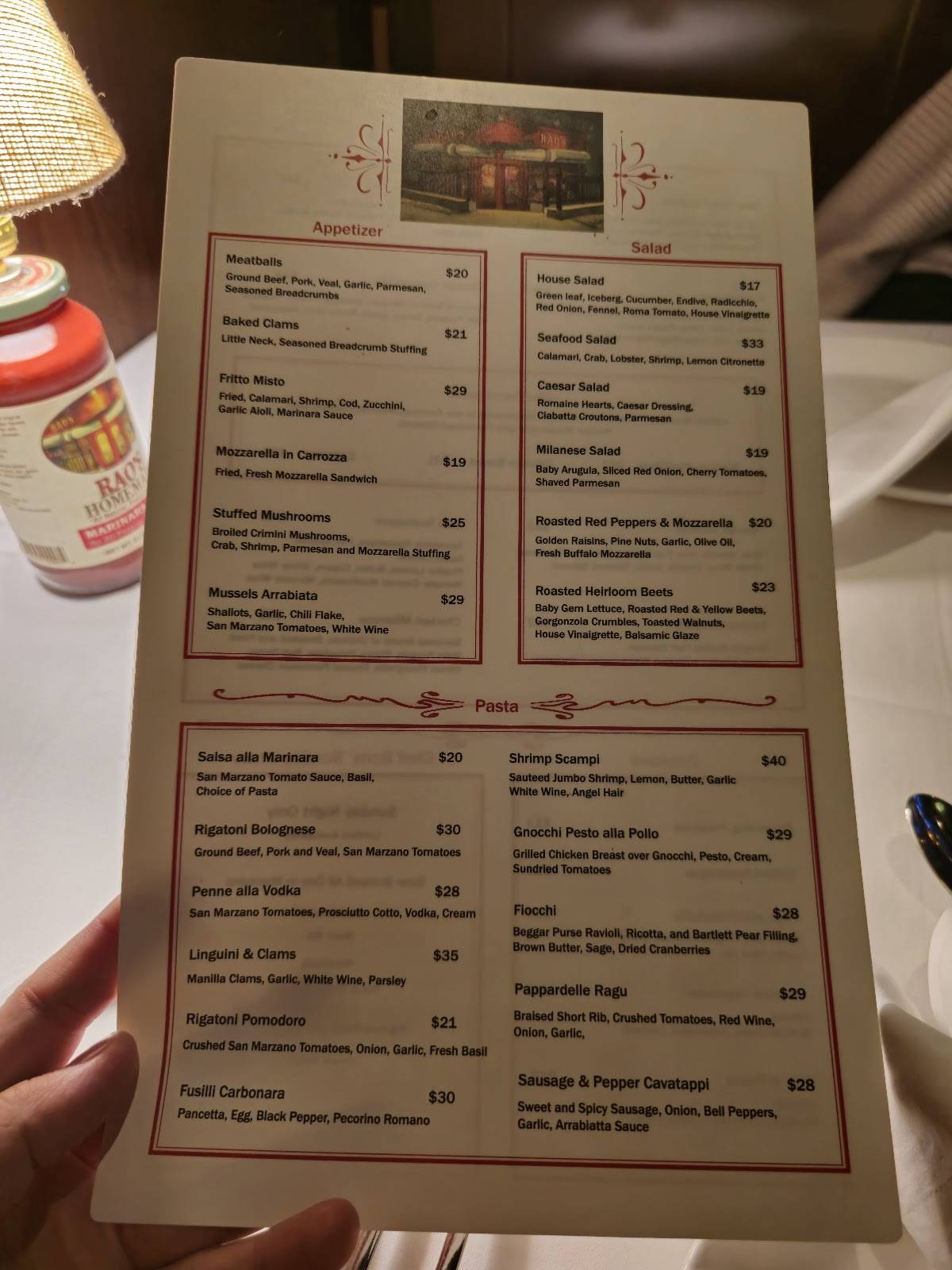 Menu at Rao's restaurant, Los Angeles