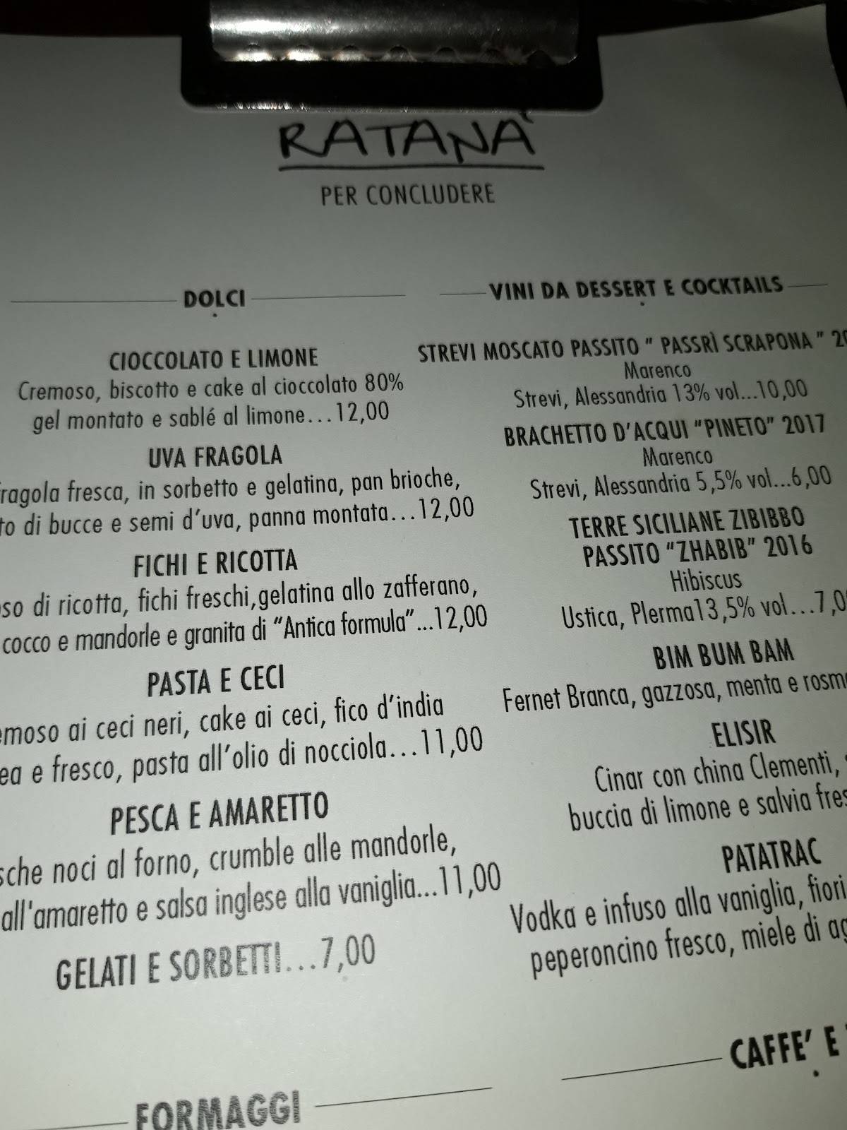 Menu at Ratanà restaurant, Milan, Via Gaetano de Castillia