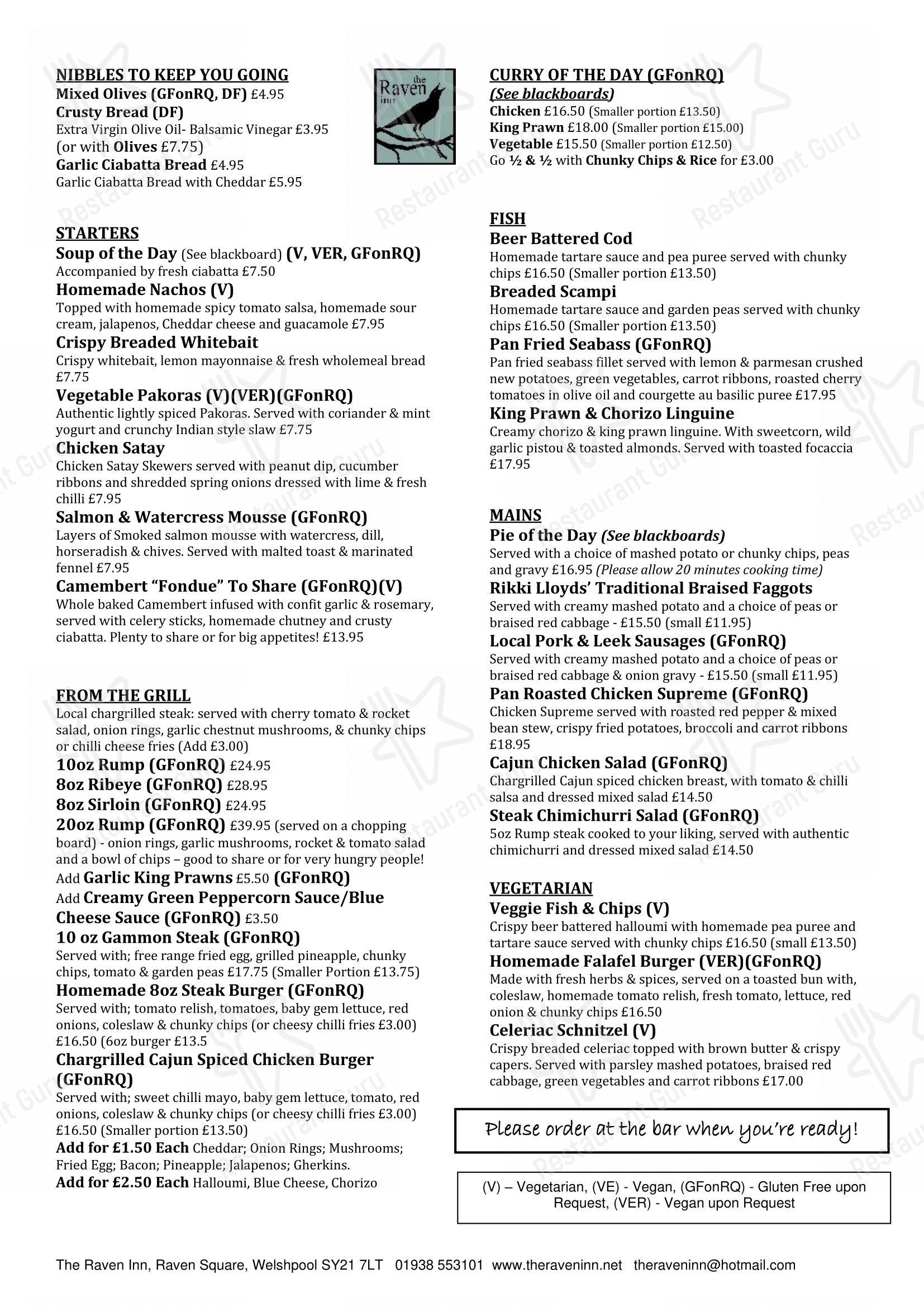 Menu at Raven Inn pub & bar, Welshpool, Raven Square