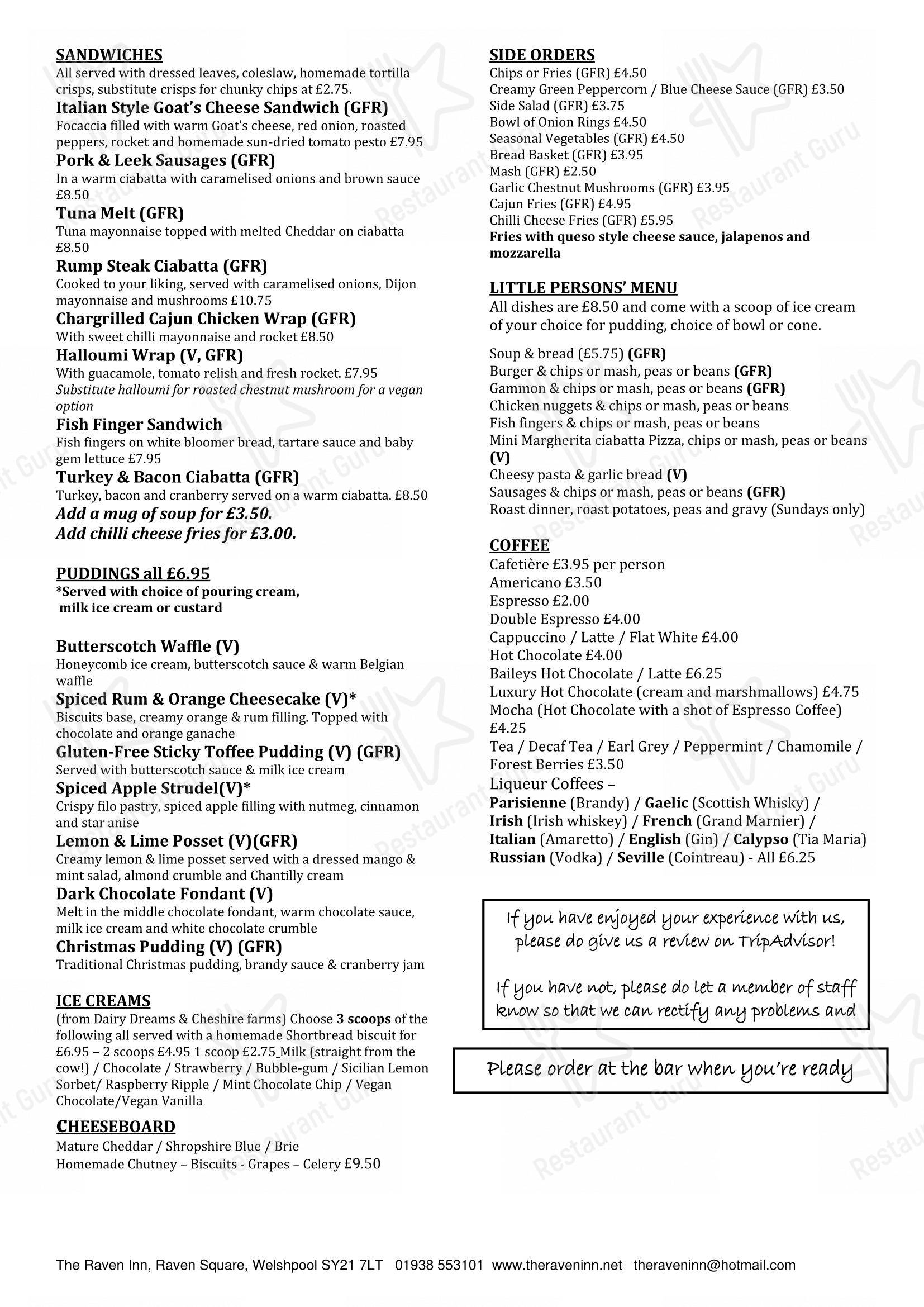 Menu at Raven Inn pub & bar, Welshpool, Raven Square