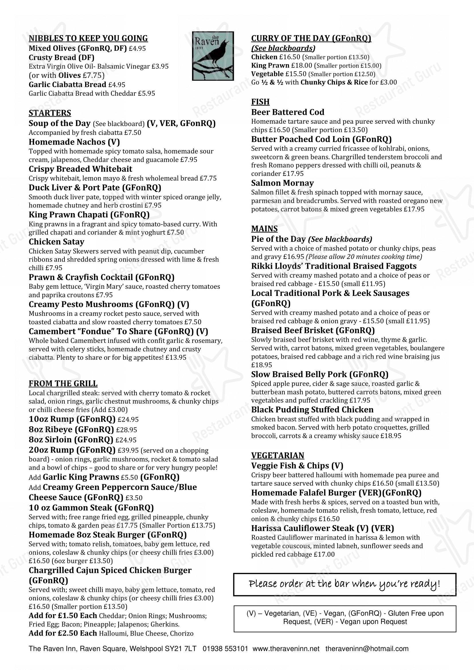Menu at Raven Inn pub & bar, Welshpool, Raven Square