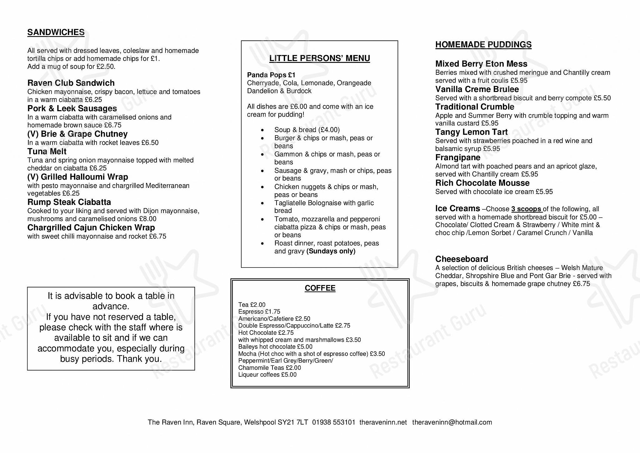 Menu at Raven Inn pub & bar, Welshpool, Raven Square