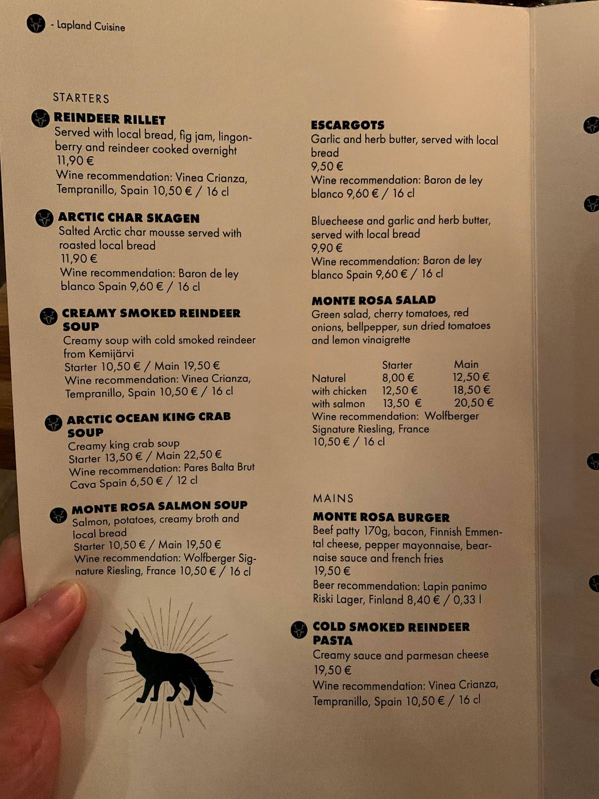 Carta del restaurante Ravintola Monte Rosa, Rovaniemi