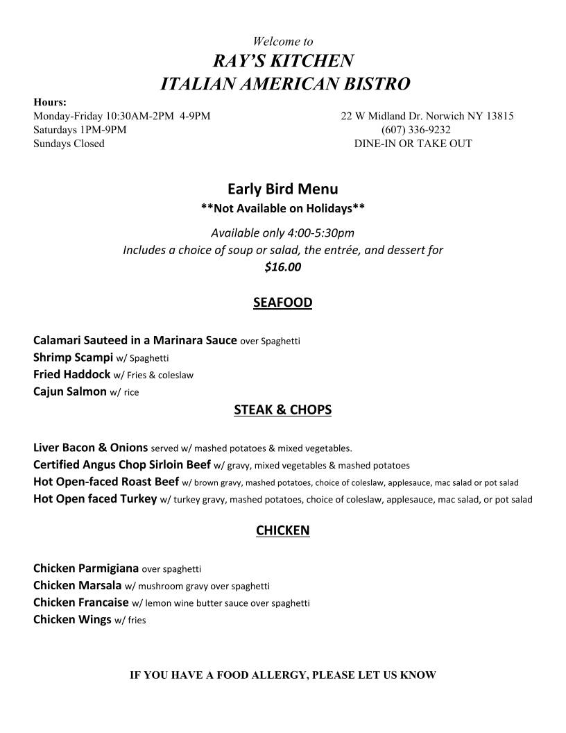 Menu at Ray's Kitchen restaurant, Norwich