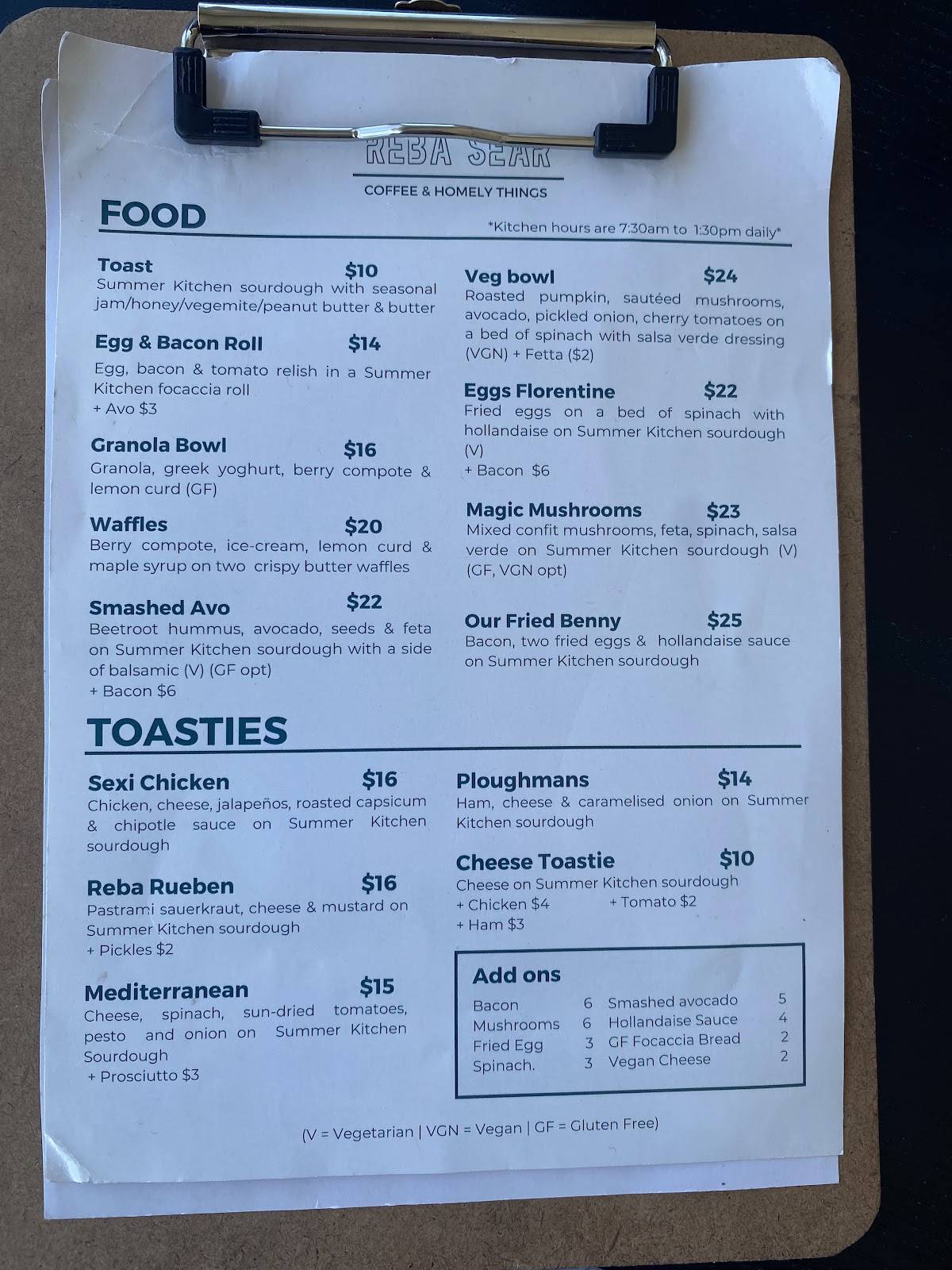 Menu at Reba Sear cafe, Huonville