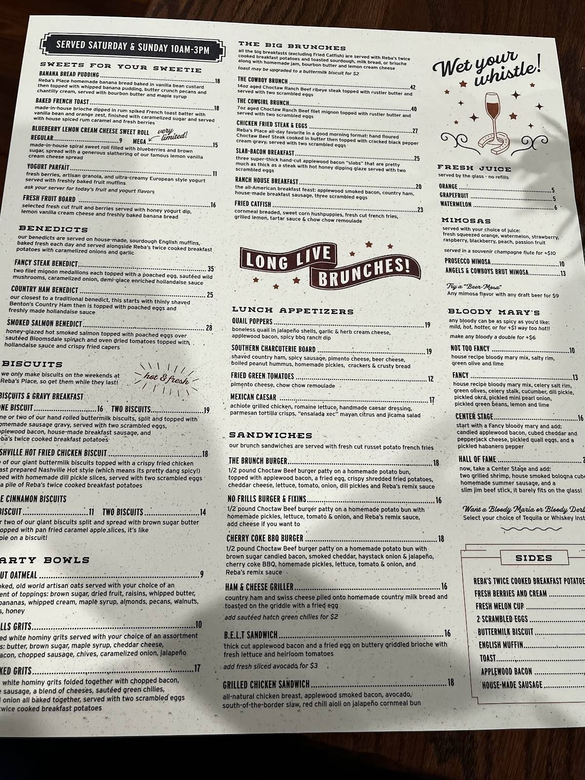 Menu at Reba's Place restaurant, Atoka
