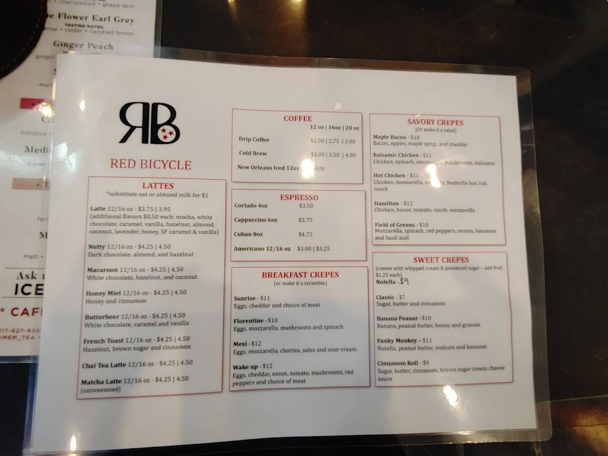 Menu at Red Bicycle Coffee cafe, Mount Juliet