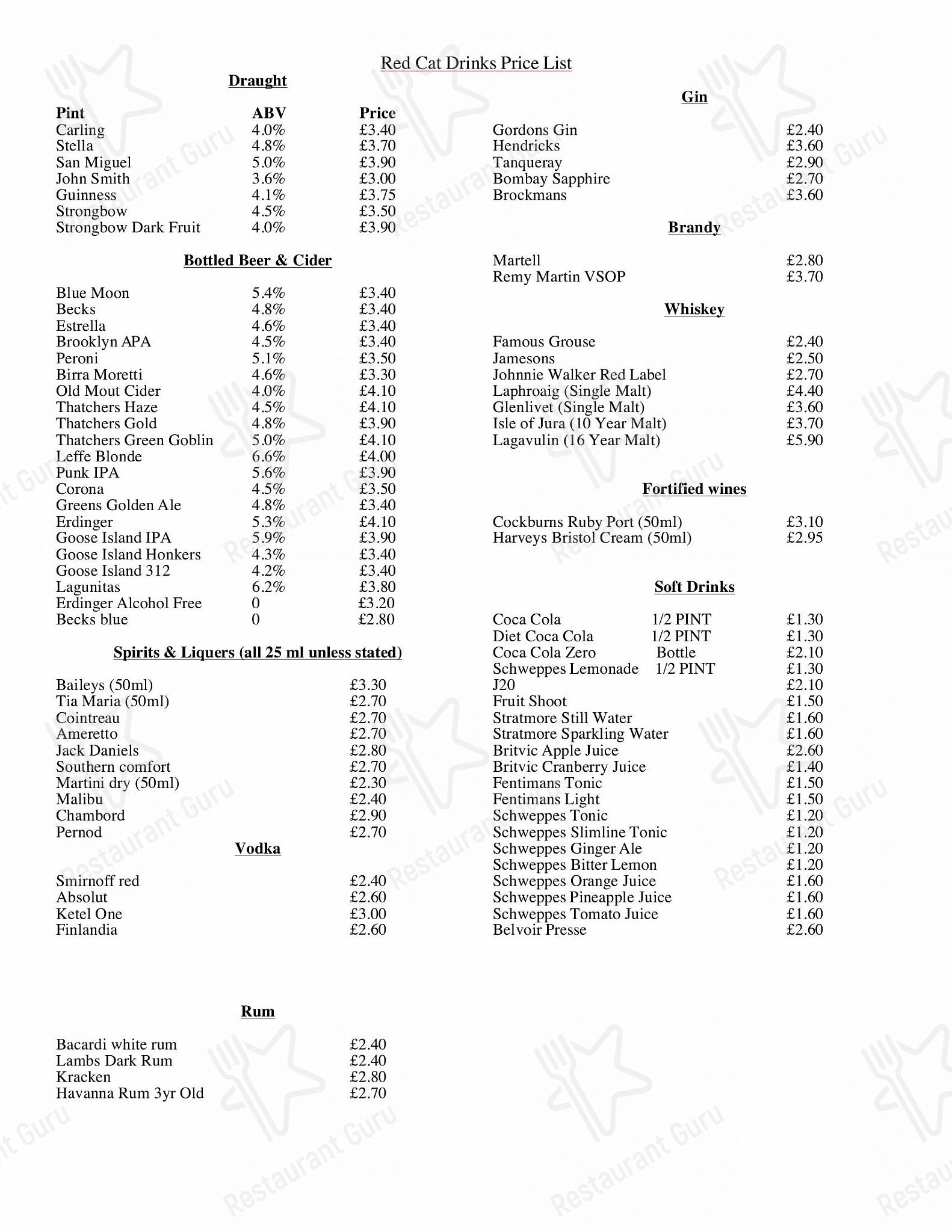 Menu at The Red Cat pub & bar, St Helens, 8 Red Cat Ln