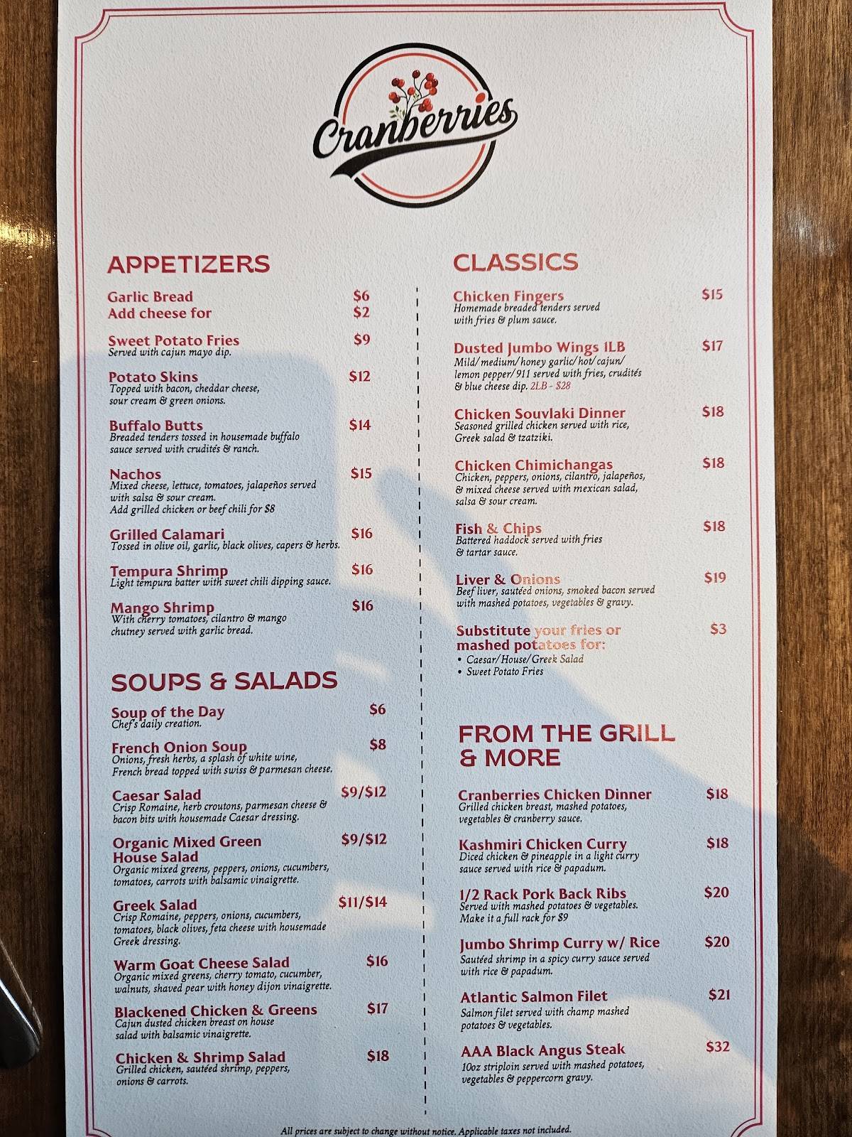 Menu at Red Cranberries Restaurant, Toronto, 601 Parliament St