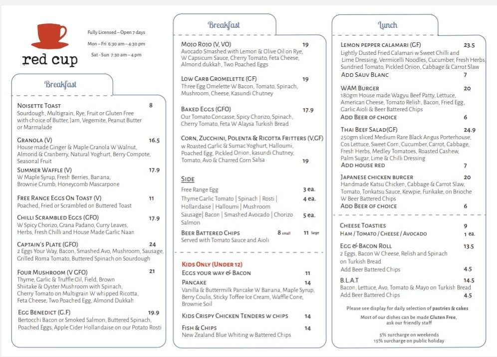 Menu at Red Cup Cafe, Box Hill