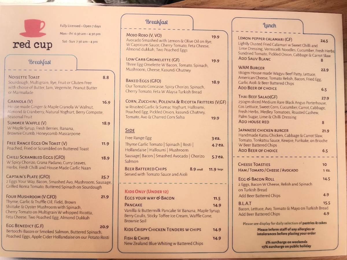 Menu at Red Cup Cafe, Box Hill