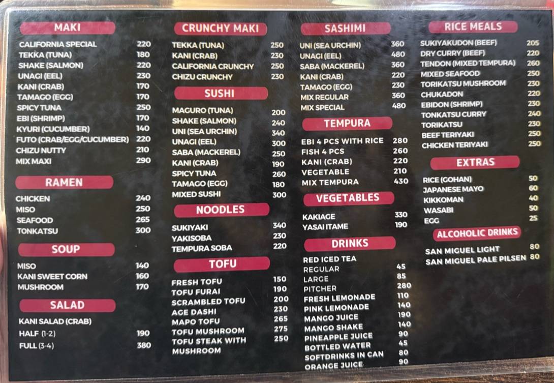 Menu at Red Hana Sushi Restaurant, Quezon City, 24 Matalino St