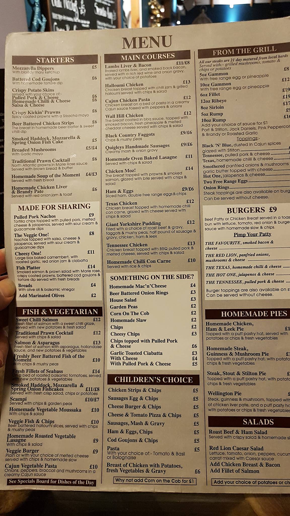 Menu at Red Lion Corley Moor pub & bar, Coventry, Wall Hill Rd