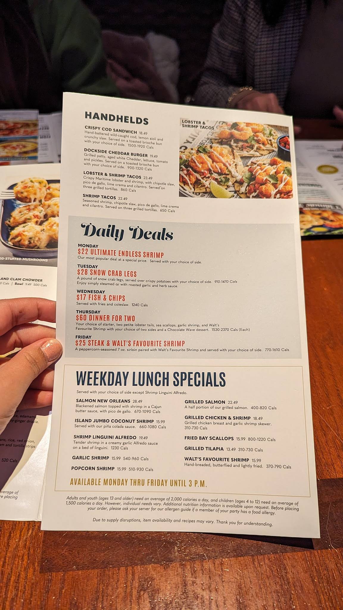 Menu at Red Lobster restaurant, Calgary, Macleod Trail SW