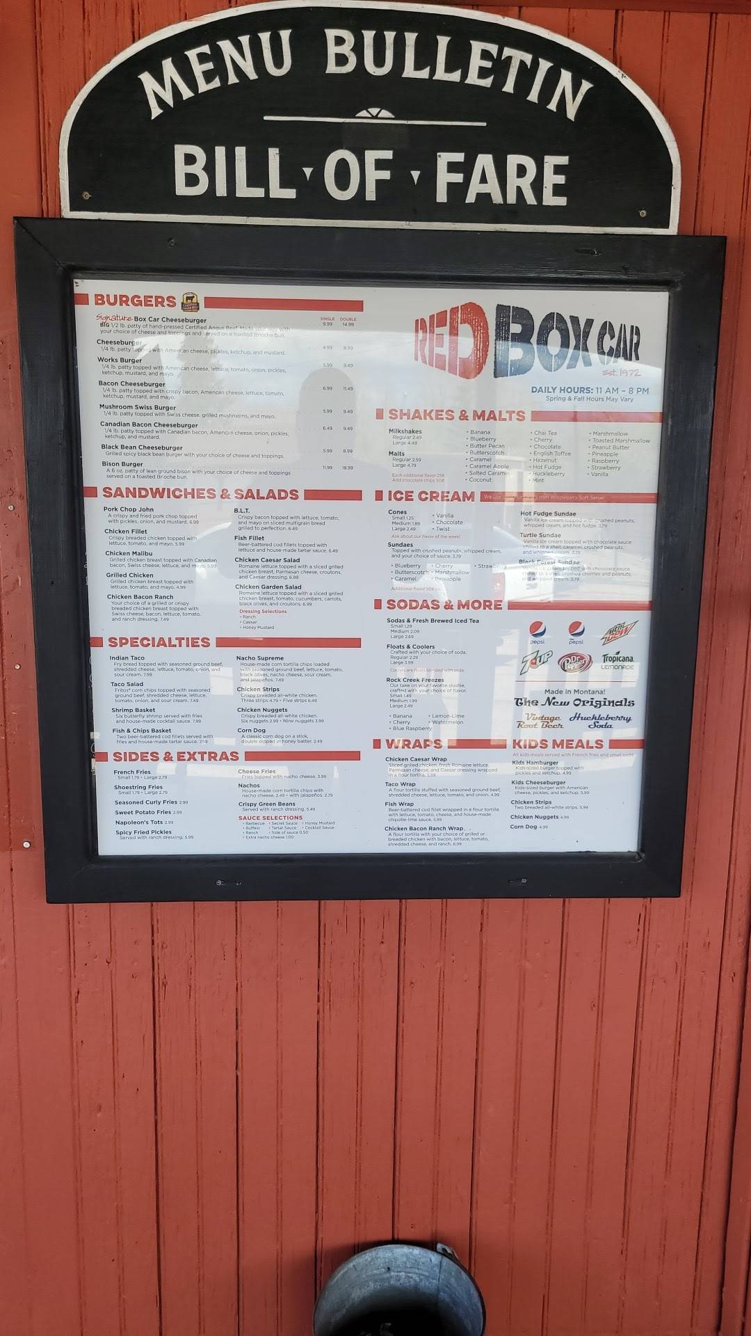 Menu at Red Box Car restaurant, Red Lodge