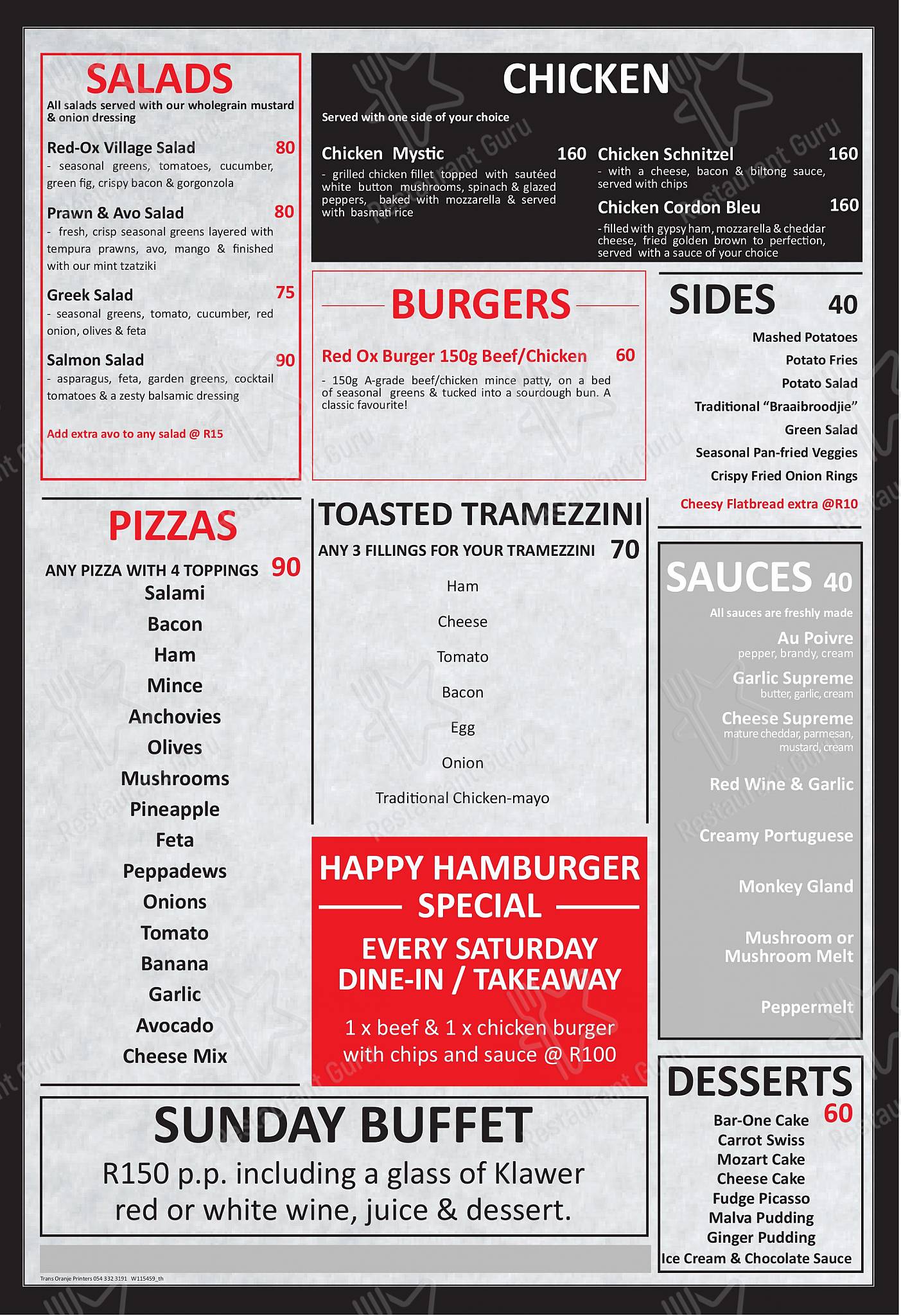 Menu at Red Ox Steakhouse Vanrhynsdorp, Vanrhynsdorp
