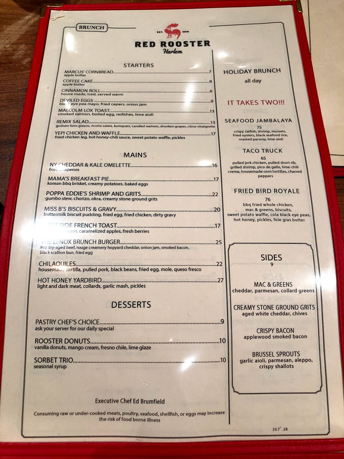 Menu at Red Rooster Harlem pub & bar, New York City, 310 Lenox Ave