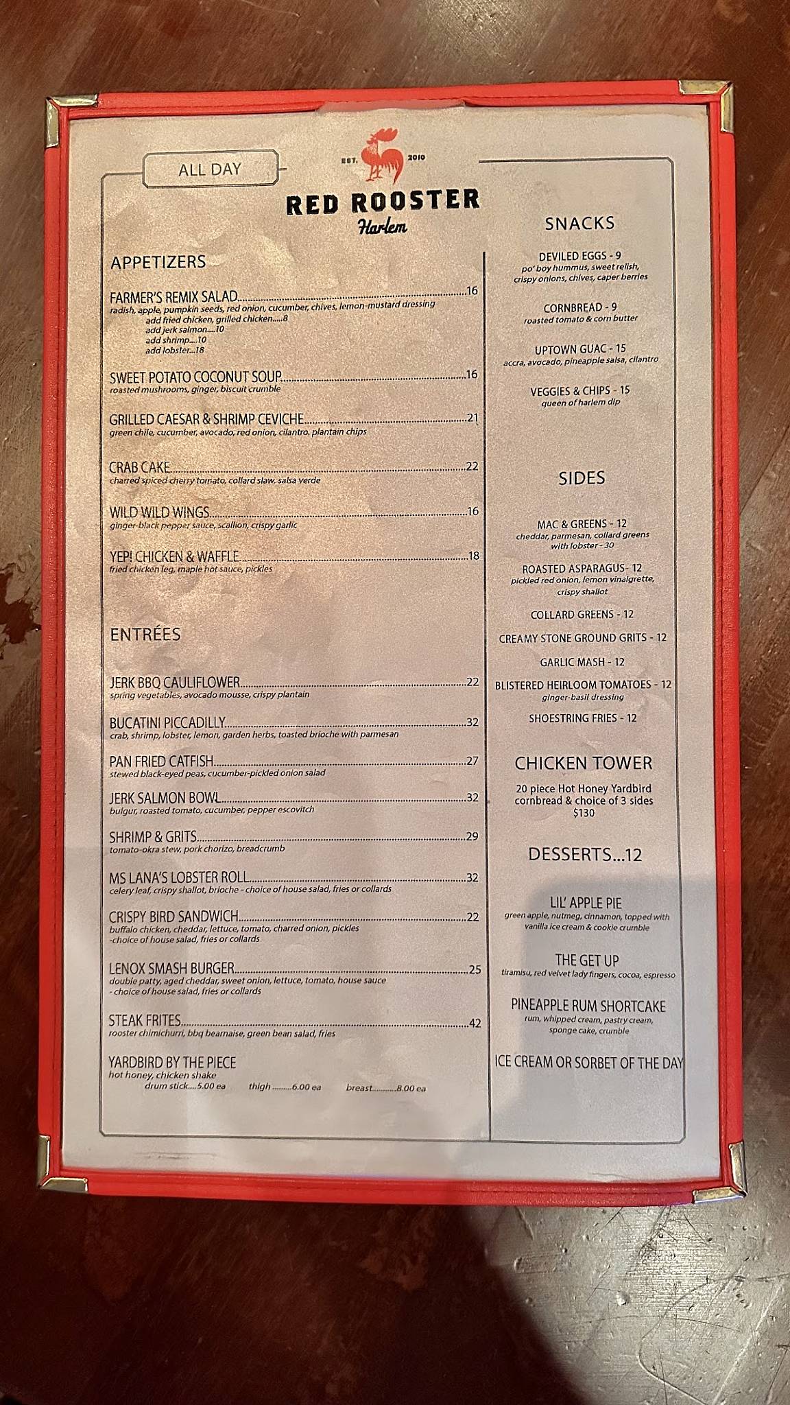 Menu at Red Rooster Harlem pub & bar, New York City, 310 Lenox Ave