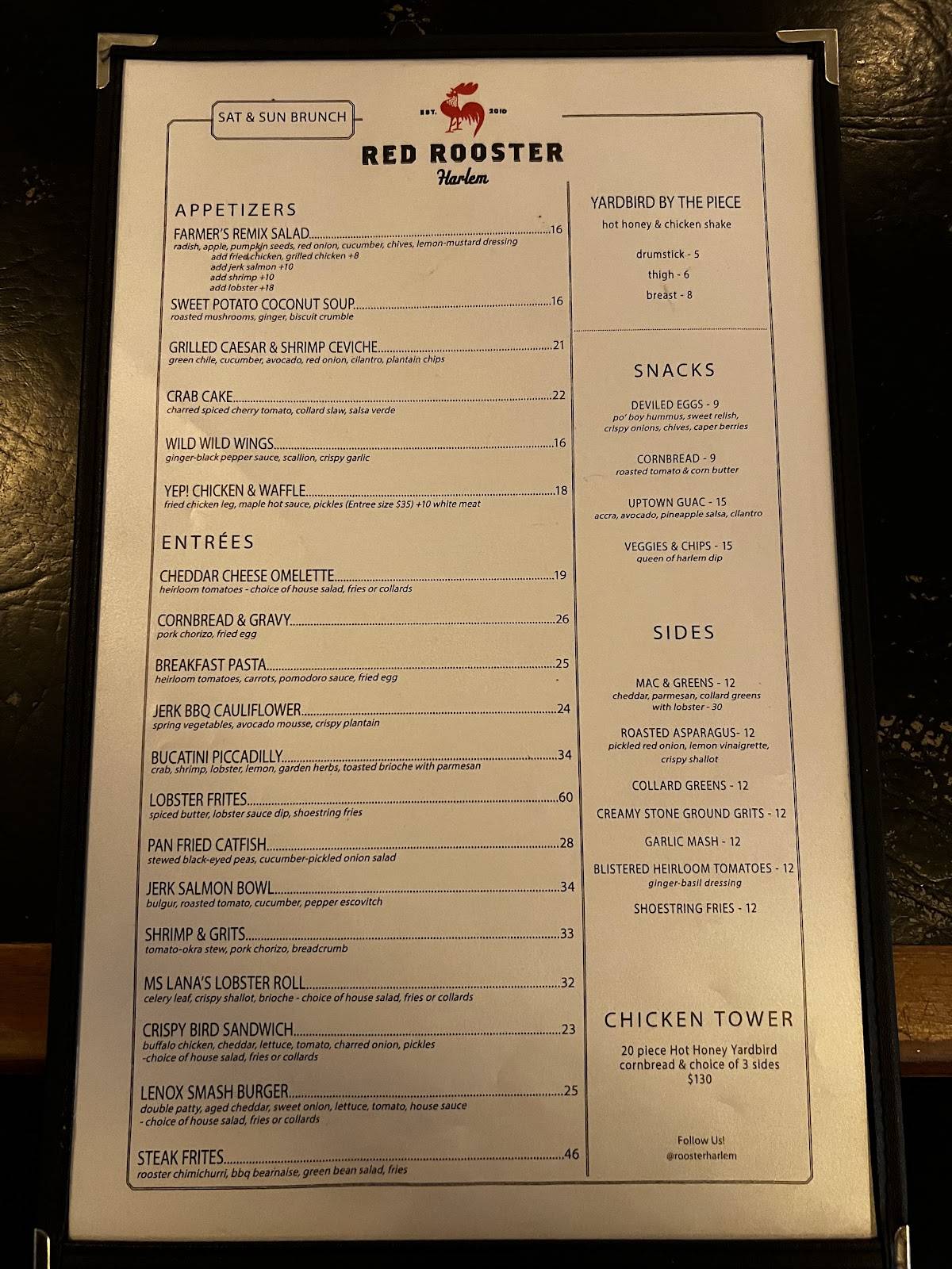 Menu at Red Rooster Harlem pub & bar, New York City, 310 Lenox Ave