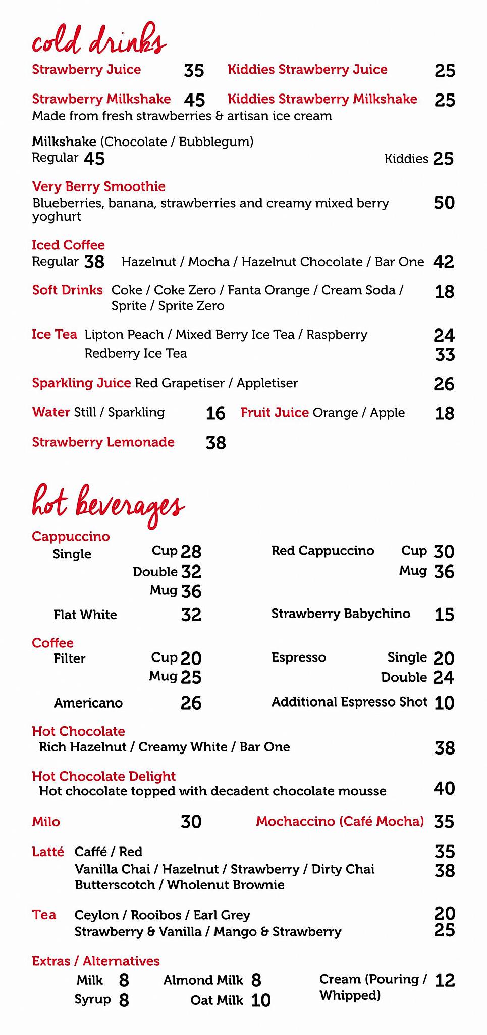Menu at Redberry Farm cafe, George