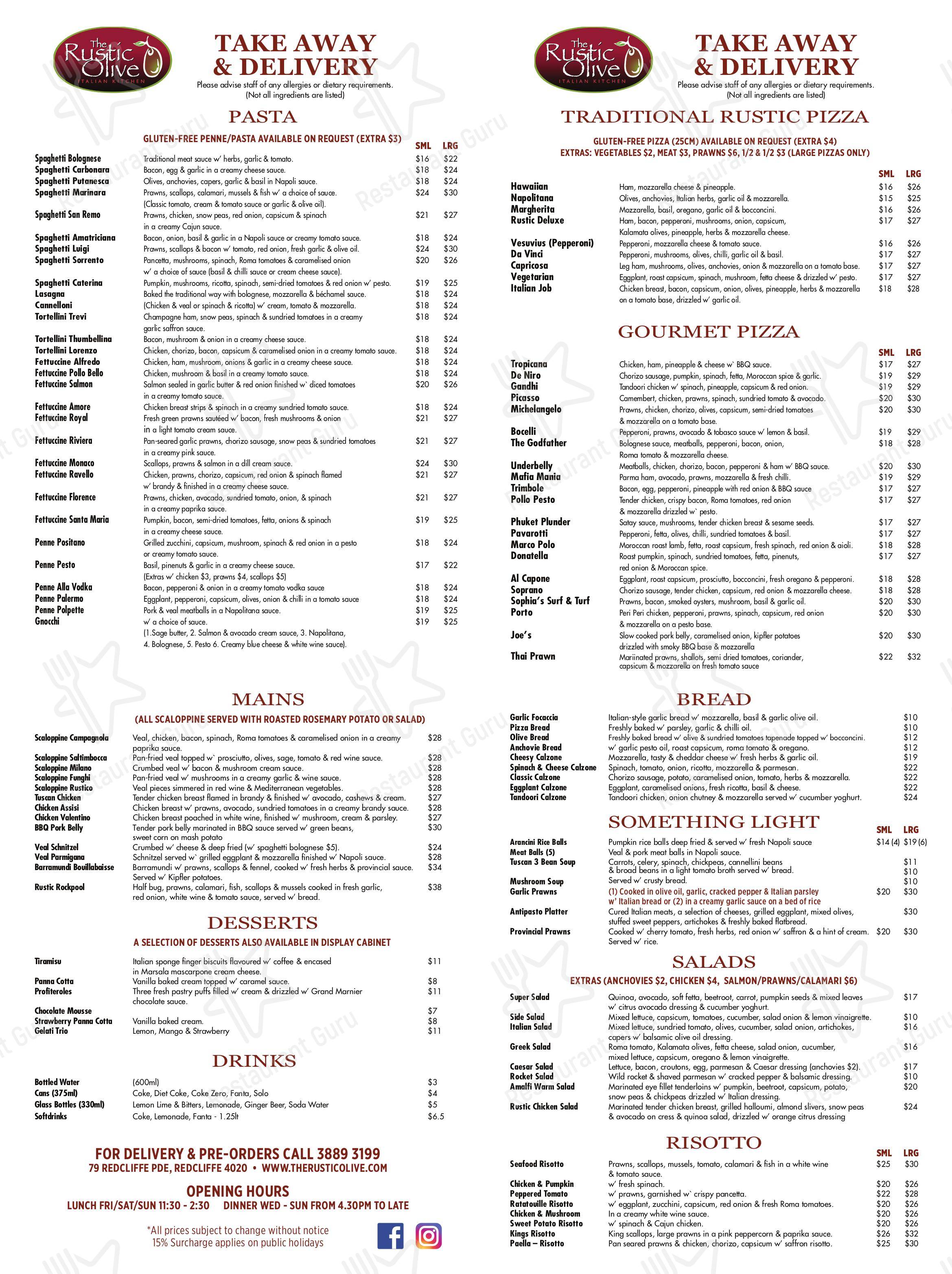 Menu at The Rustic Olive restaurant, Redcliffe