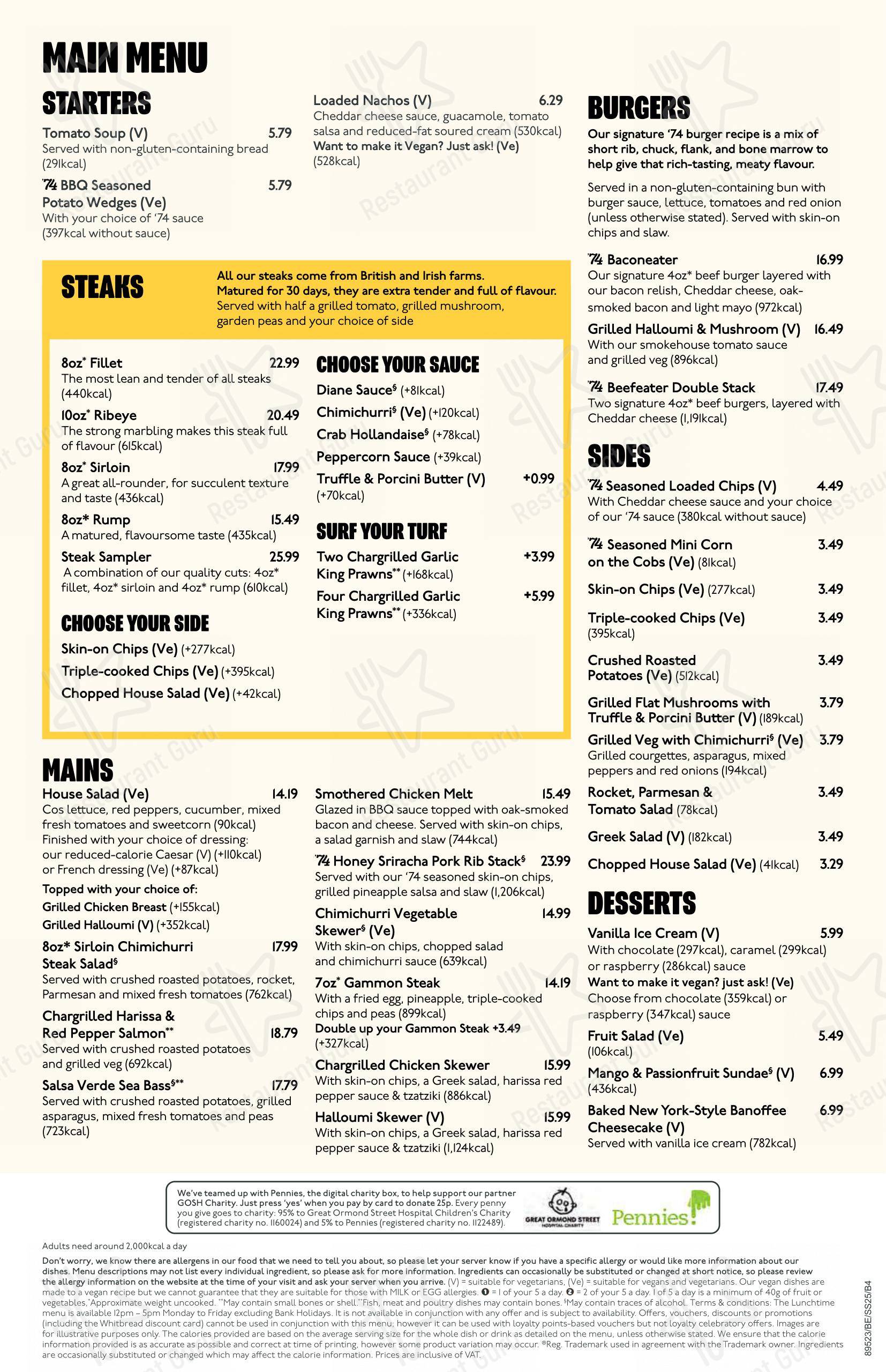 Menu at Redditch Beefeater pub & bar, Redditch, Bordesley Ln