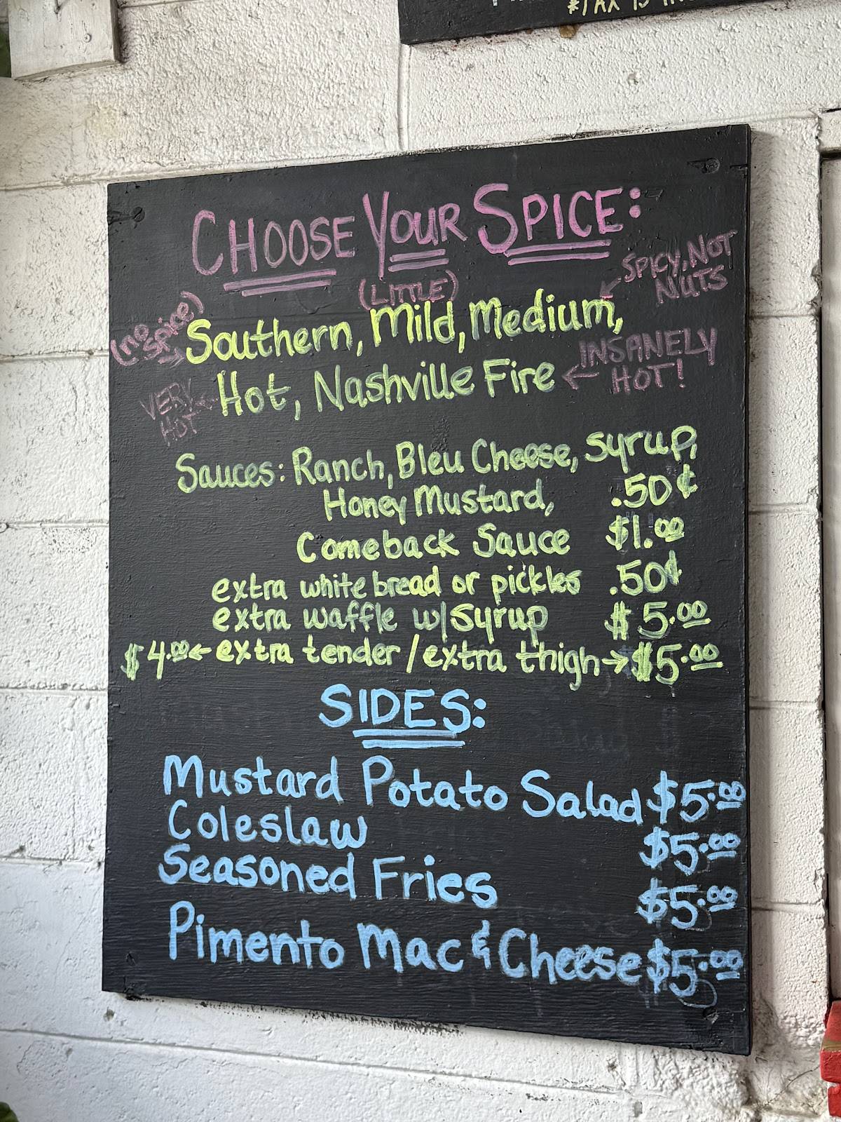 Menu at Red's Hot Chicken restaurant, Nashville, 115 27th Ave N