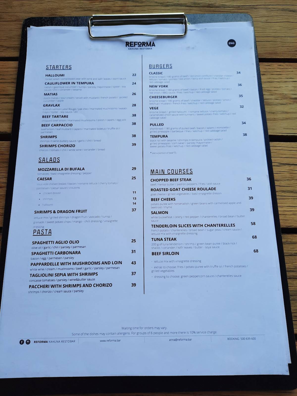 Menu at Reforma restaurant, Warsaw, Zawodzie 26