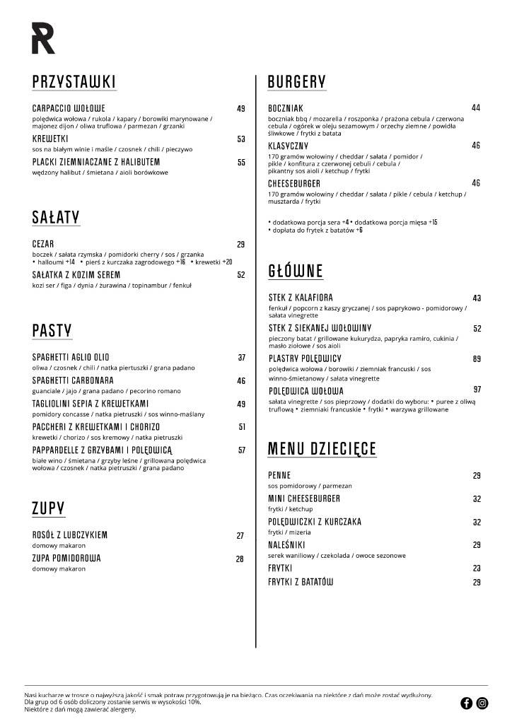 Menu at Reforma restaurant, Warsaw, Zawodzie 26