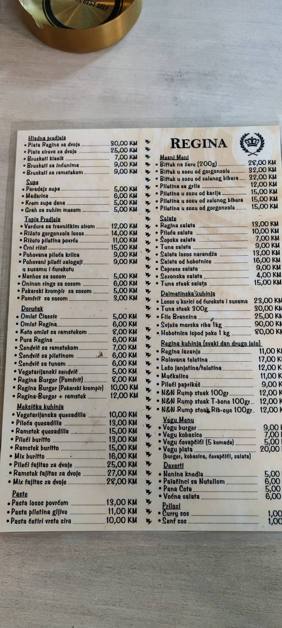 Menu at Regina restaurant, Sarajevo