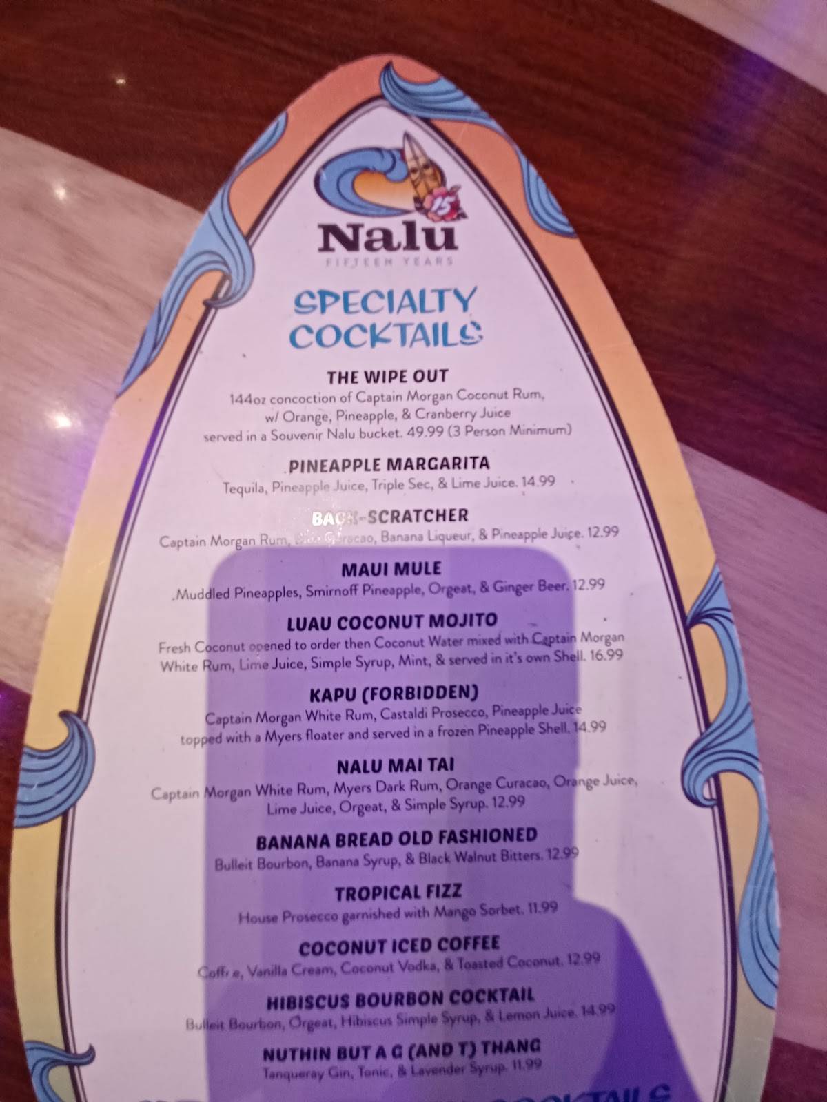 Menu at Nalu restaurant, Rehoboth Beach