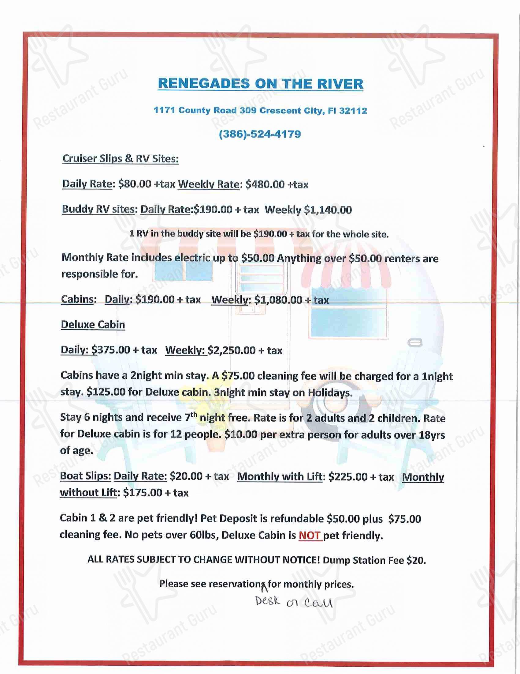 Menu at Renegades On The River pub & bar, USA