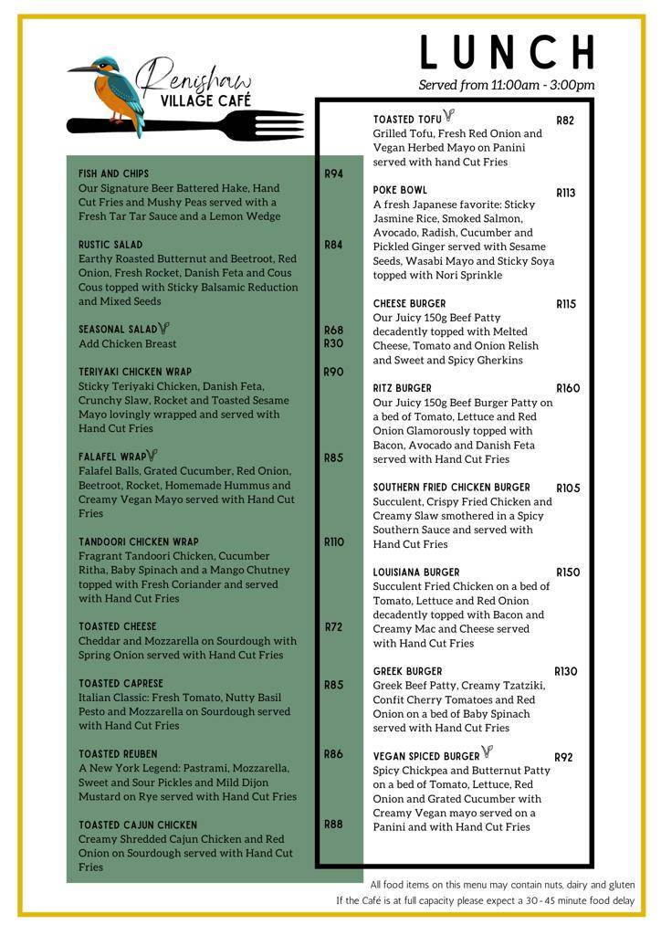 Menu at Renishaw Village Café restaurant, Scottburgh