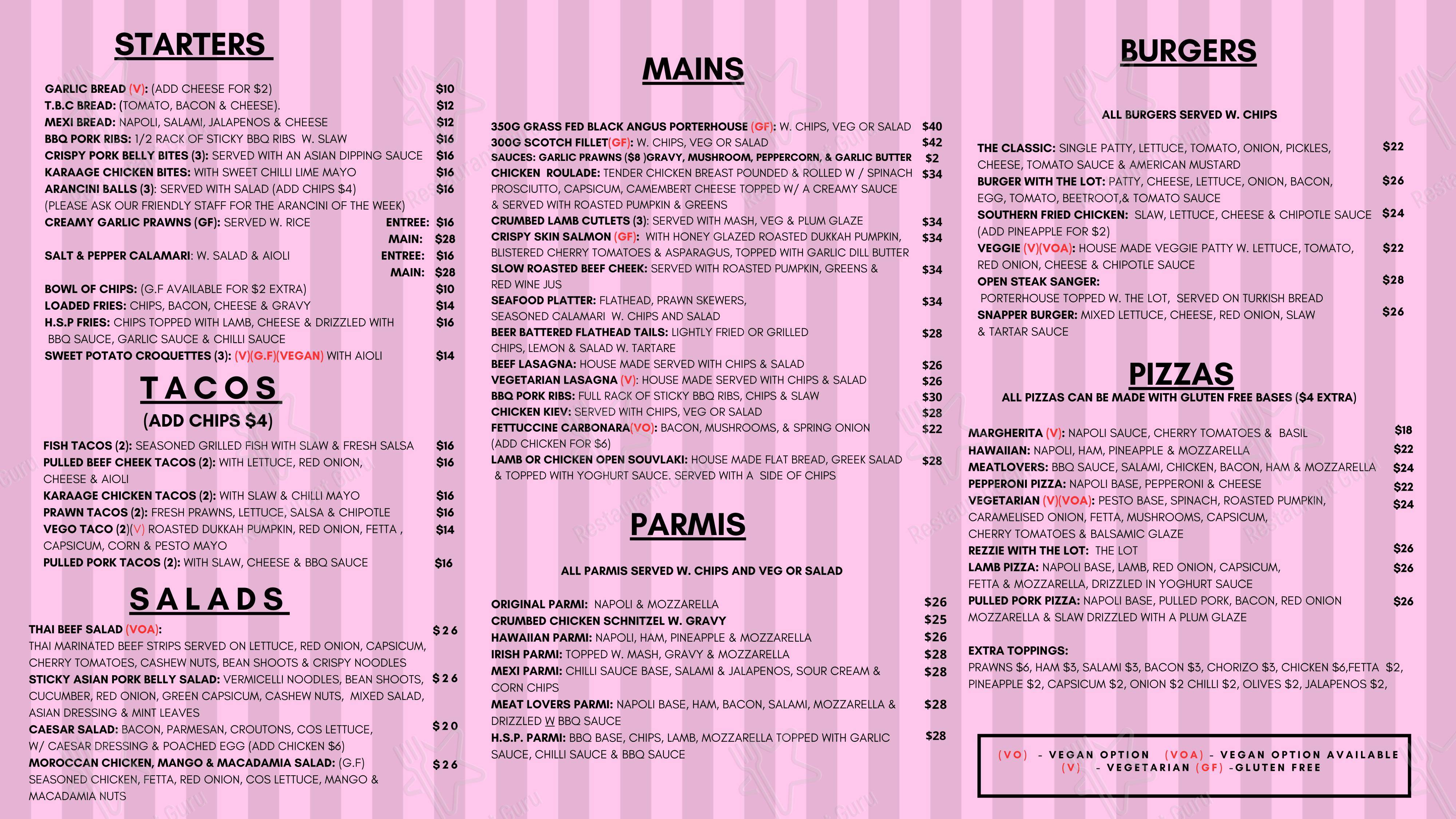 Menu at Reservoir Hotel pub & bar, Kennington