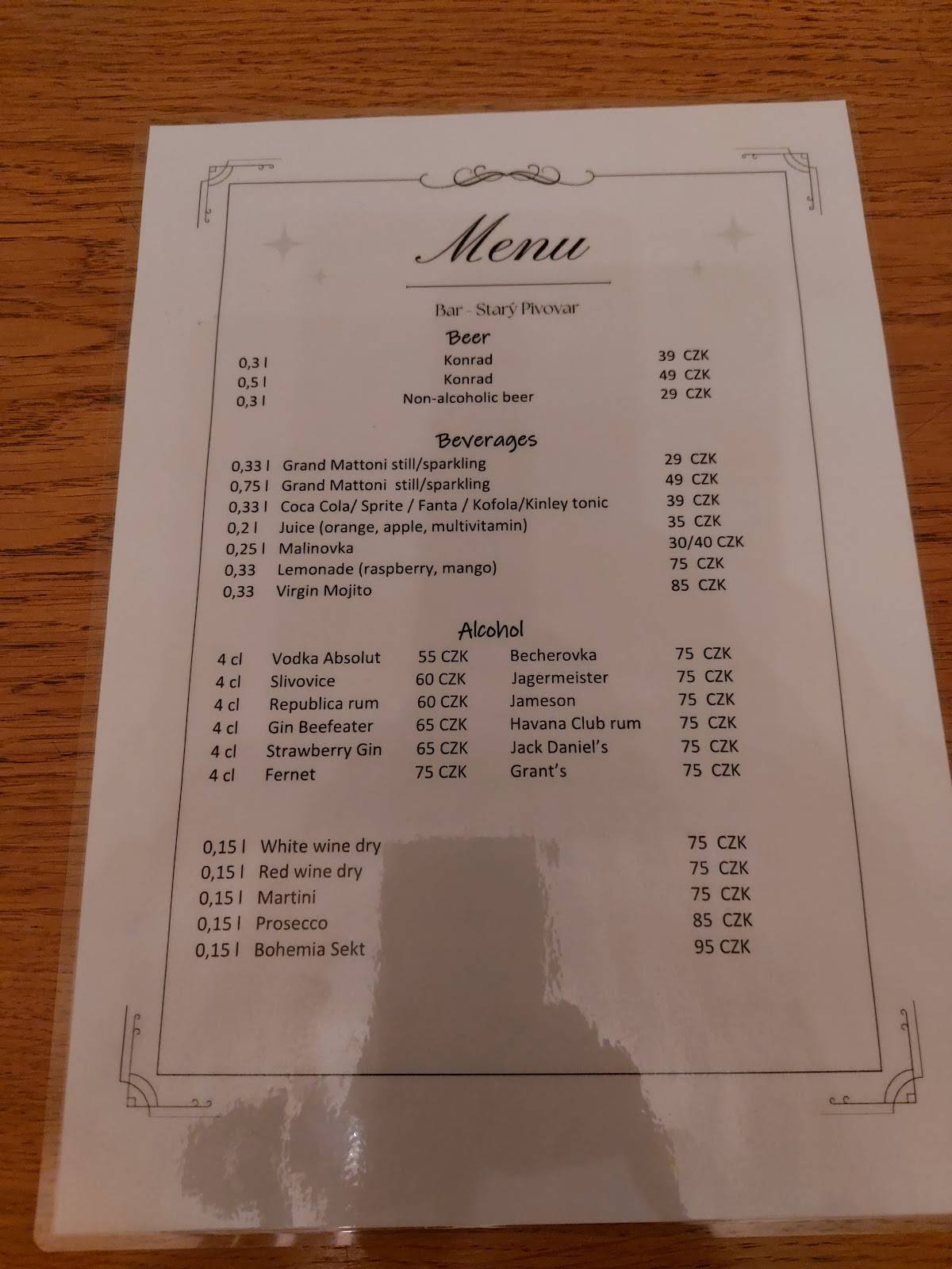 Menu at Restaurace Starý Pivovar restaurant, Prague