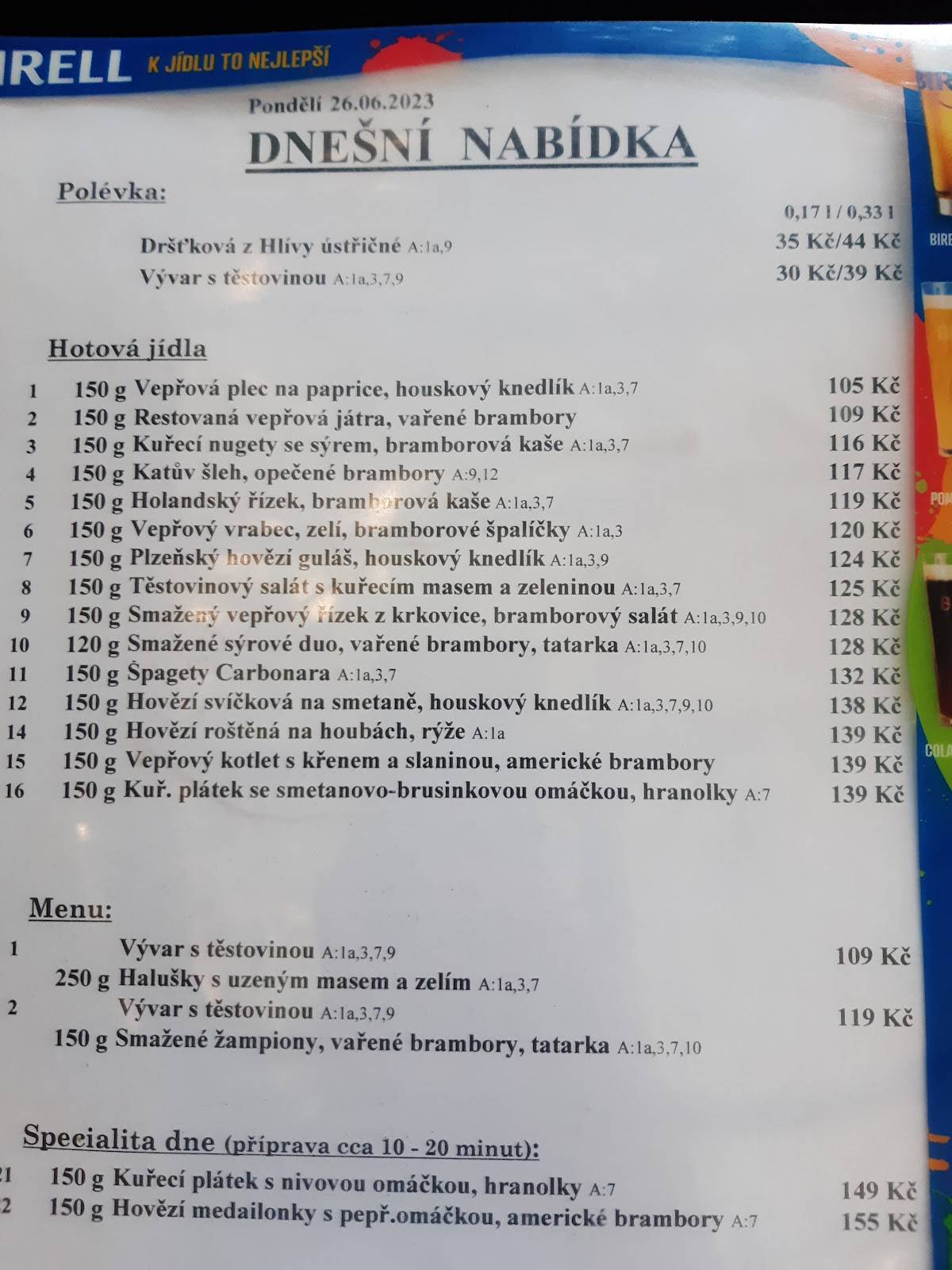 Menu at Restaurace U Věže restaurant, Týniště nad Orlicí