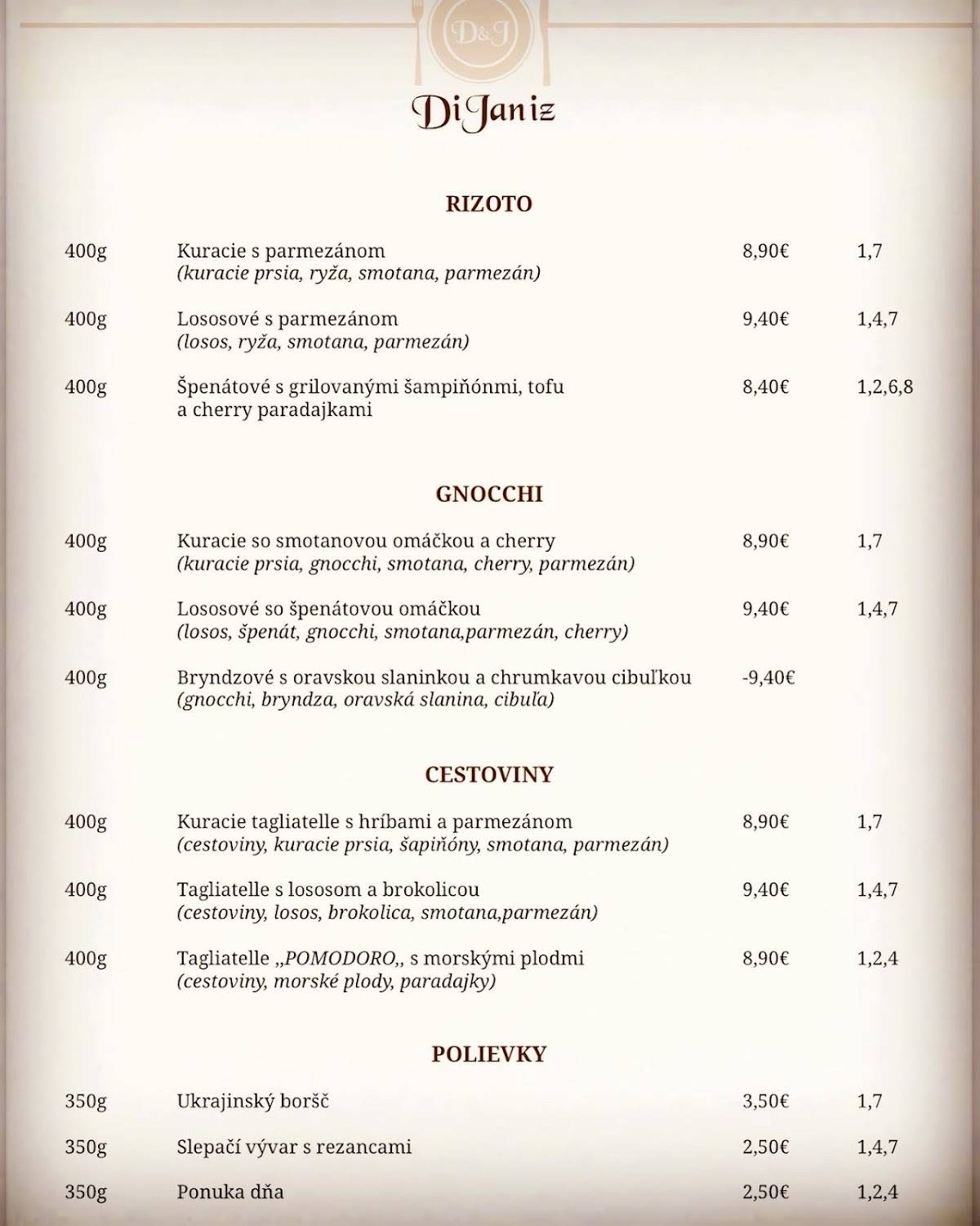 Speisekarte von Reštaurácia DiJaniz restaurant, Nové Zámky