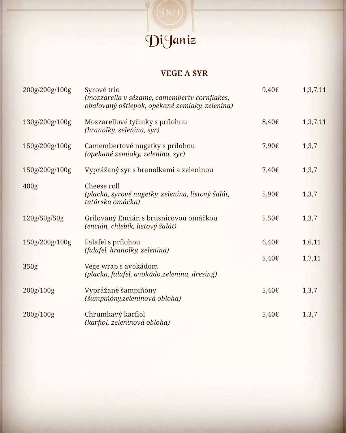 Speisekarte von Reštaurácia DiJaniz restaurant, Nové Zámky