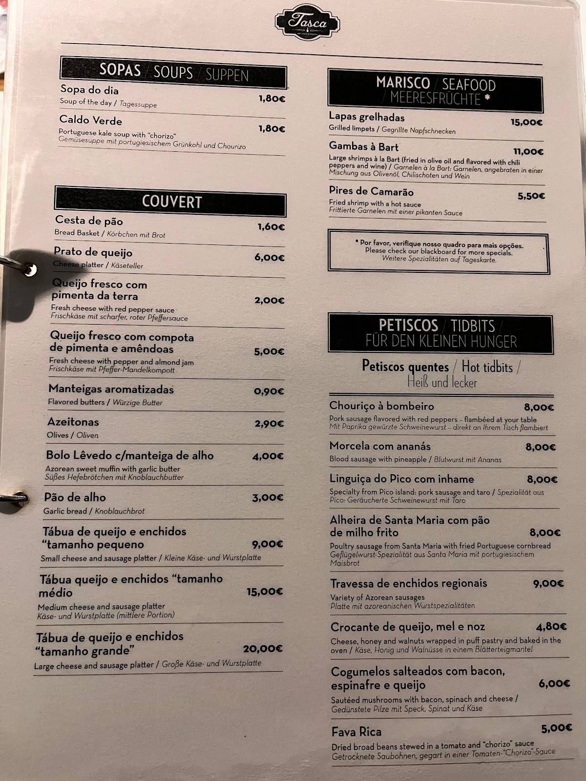 Menu at A Tasca restaurant, Ponta Delgada