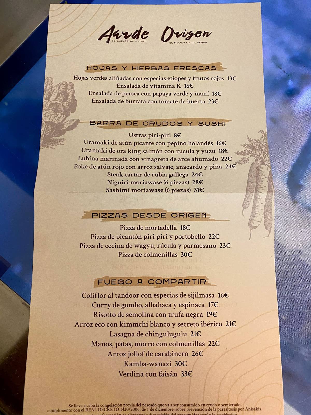 Menu at Aarde restaurant, Madrid