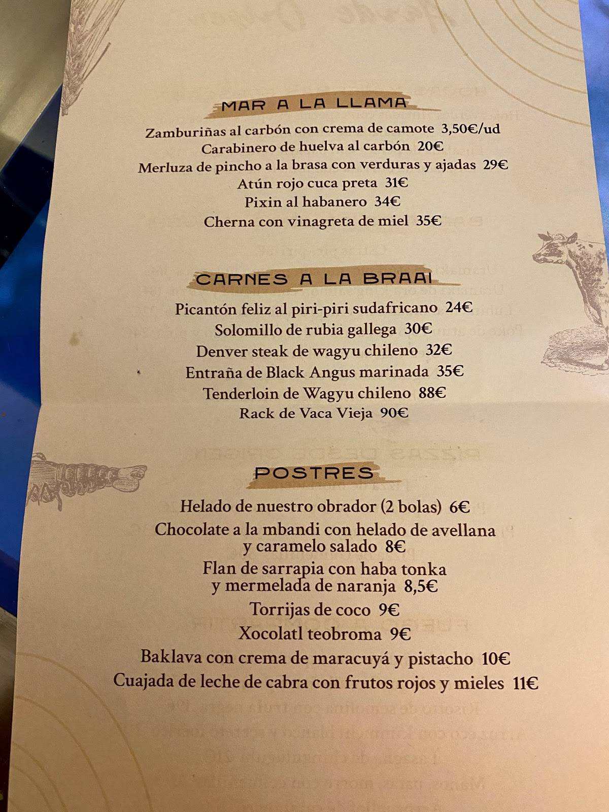 Menu at Aarde restaurant, Madrid