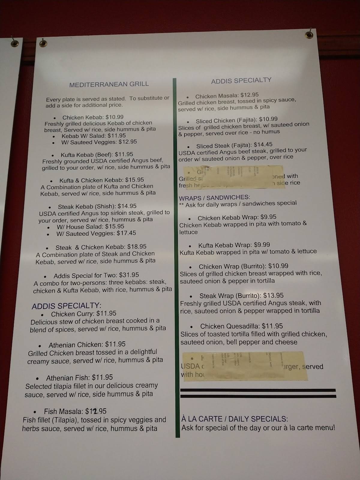 Menu at Addis Grill restaurant, Louisville