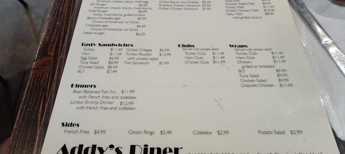 Menu at Addy's Diner restaurant, Cleveland